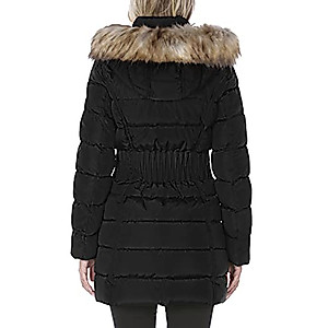 Laundry By Shelli Segal Women's 3/4 Puffer Jacket with Zig Zag Cinched Waist and Faux Fur Trim Hood, Black (2016), X-Small