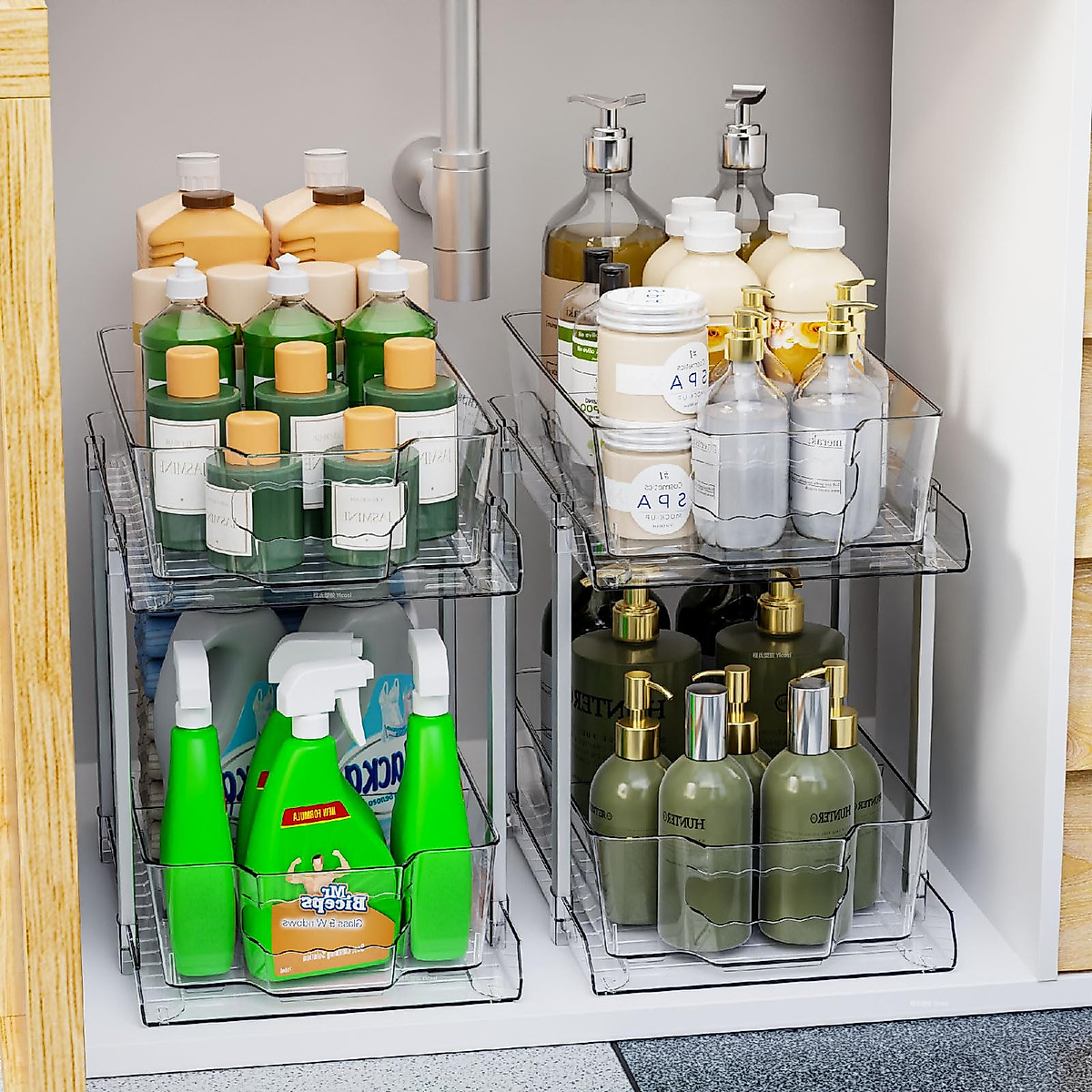 2 Pack Bathroom Cabinet Organizer,Clear 2 Tier Pull Out Under Sink Organizers and Storage,14.8 L*9.5 W*12.8 Tall Slide Out Kitchen Pantry Medicine Organization and Storage Shelves Bins with Dividers