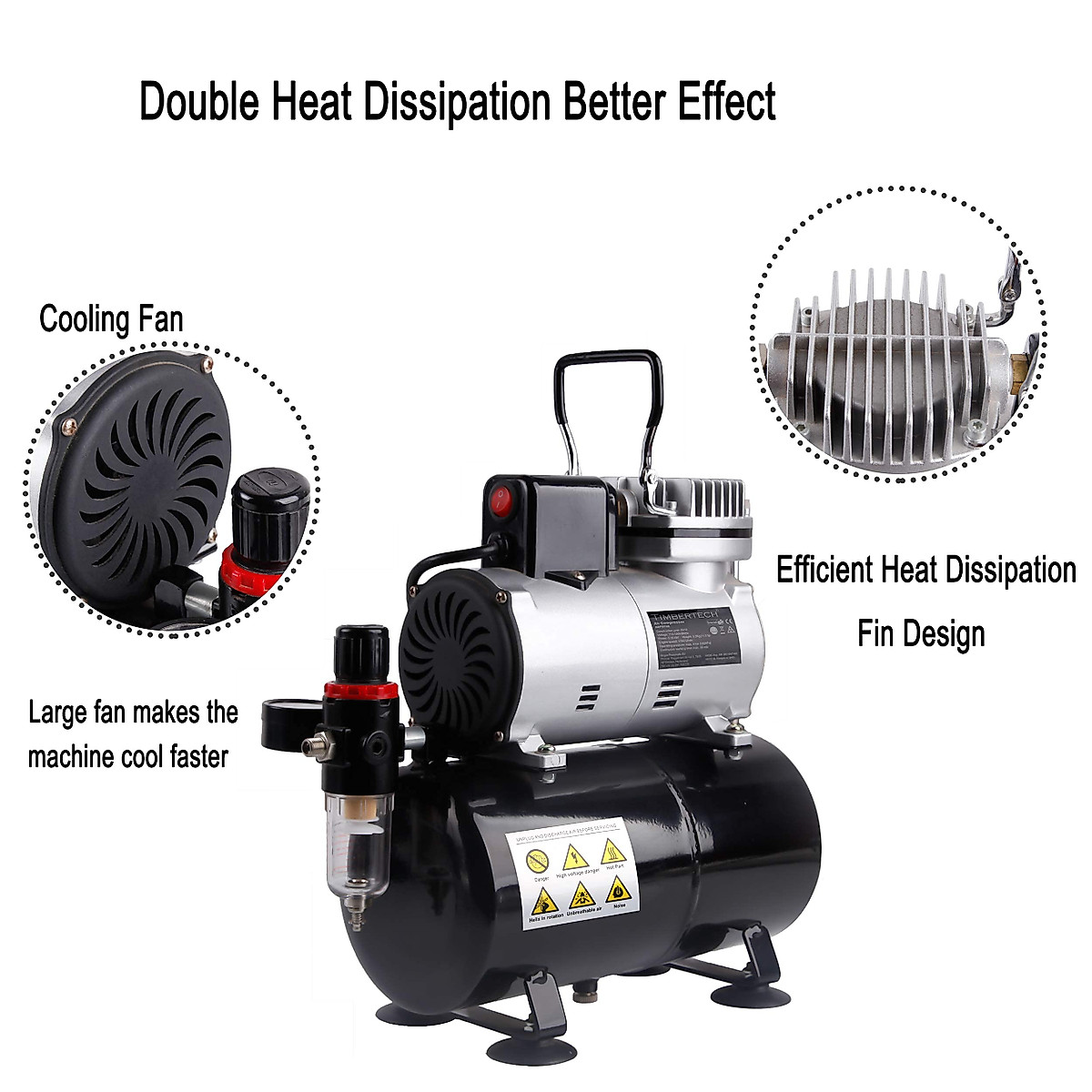 Timbertech Upgraded Airbrush Single-Piston Oil-free Mini Compressor ABPST08 with Cooling Fan, 3L Tank, Regulator, Moisture trap for hobby, tattoo, graphic and so on