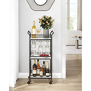 VASAGLE Bar Cart, Home Bar Serving Cart, Small Bar Cart with 3-Tier Shelf, Wine Holders, Glass Holders, Mini Bar Cart for Small Spaces, Kitchen, Dining Room, Living Room, Ink Black