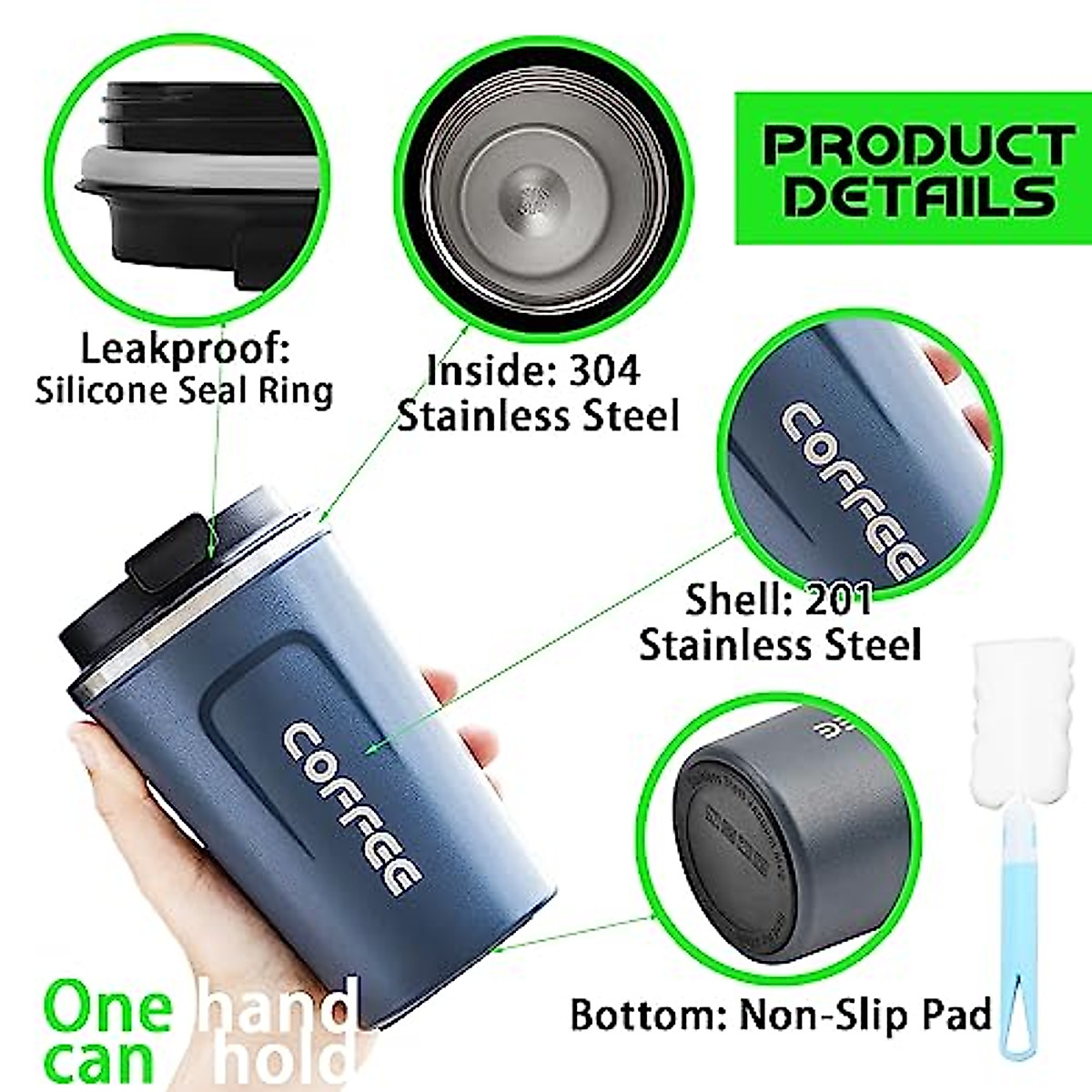 IWANGDS Leak Proof Travel Coffee Mug, Reusable Coffee Cup with Lid, Insulated Coffee Mug with Brush, Stainless Steel Vacuum Tumbler, Keep Hot & Cold, 13oz Mini Thermos with Cat Paw Pattern(Blue*1)