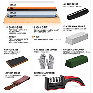 Knife Sharpening Stone Set - XINLINE 4 Side Grit 400/1000 3000/8000 Whetstone Sharpener Stone Kit, Premium kitchen Knife Sharpener, Bamboo Base, Flattening Stone, Angle Guide and Cut Resistant Gloves