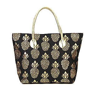 Chandy Metal Gold Pineapple Printed Canvas Beach Tote Bag With Leather Handle (Black), Large