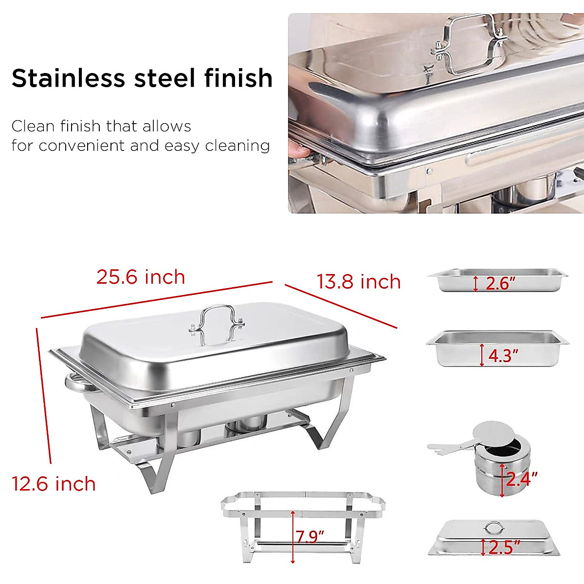 Kweetle Pack of 4 Chafing Dish 8 Quart Stainless Steel Foldable Rectangular Chafer Full Size Food Pan Fuel Holder and Lid Food Warmers for Pary Banquet Buffets