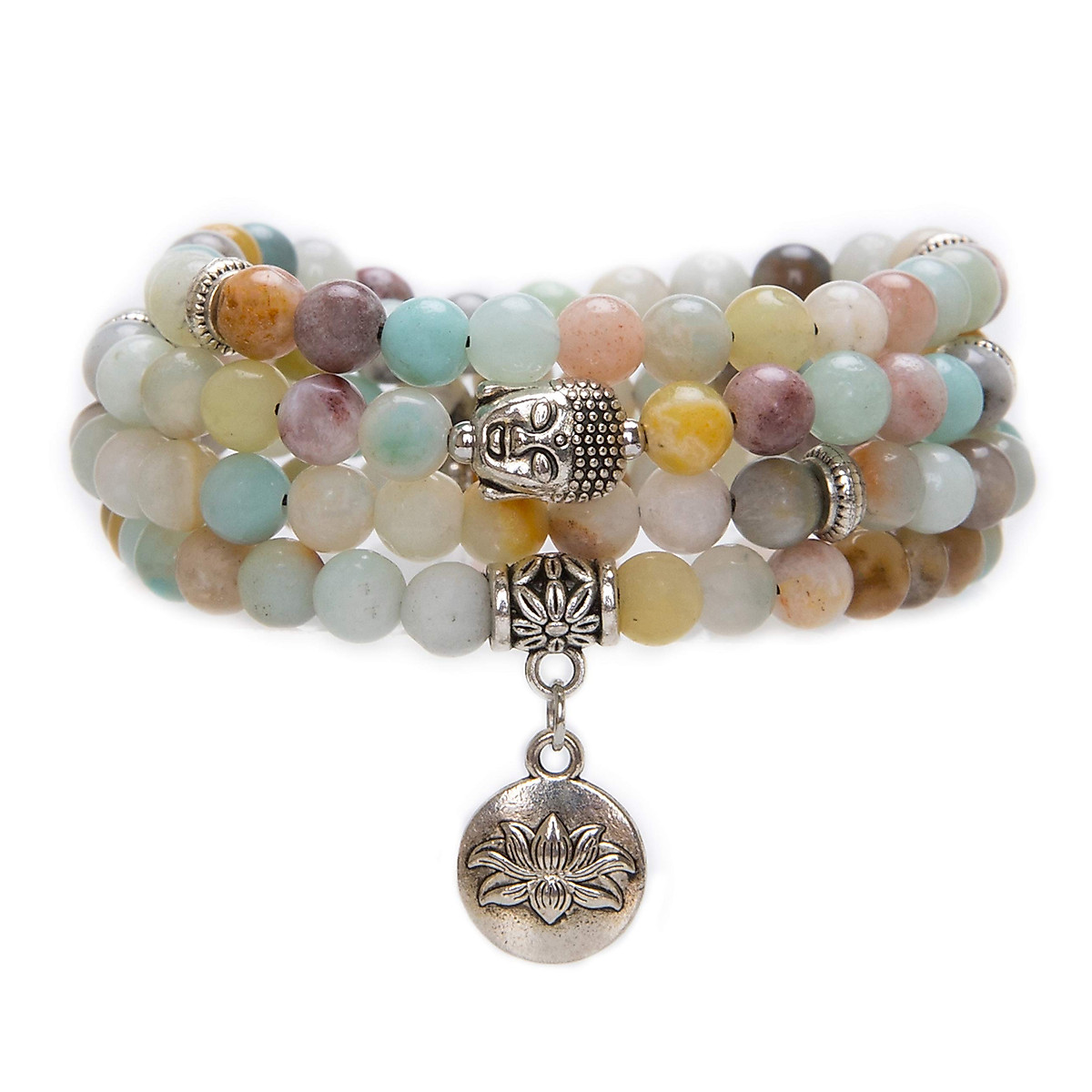 Bivei 108 Mala Beads Necklace Beaded Wrap Bracelets Genuine Gemstone Mala Prayer Beads Lotus Charm Yoga Meditation Necklace - -Amazonite