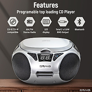 Craig CD6925 Portable Top-Loading Stereo CD Boombox with AM/FM Stereo Radio Bluetooth Wireless and AUX Port (Silver, Bluetooth)