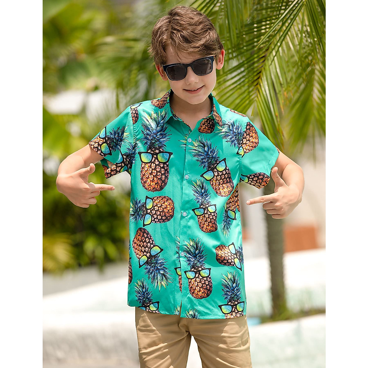 UNICOMIDEA Boys Hawaiian Shirts Kids Tropical Shirt Short Sleeve Luna 3D Graphic Green Pineapple Teens Button Up Clothes Hawaii Beach Holiday T Shirt for 9 10 Years