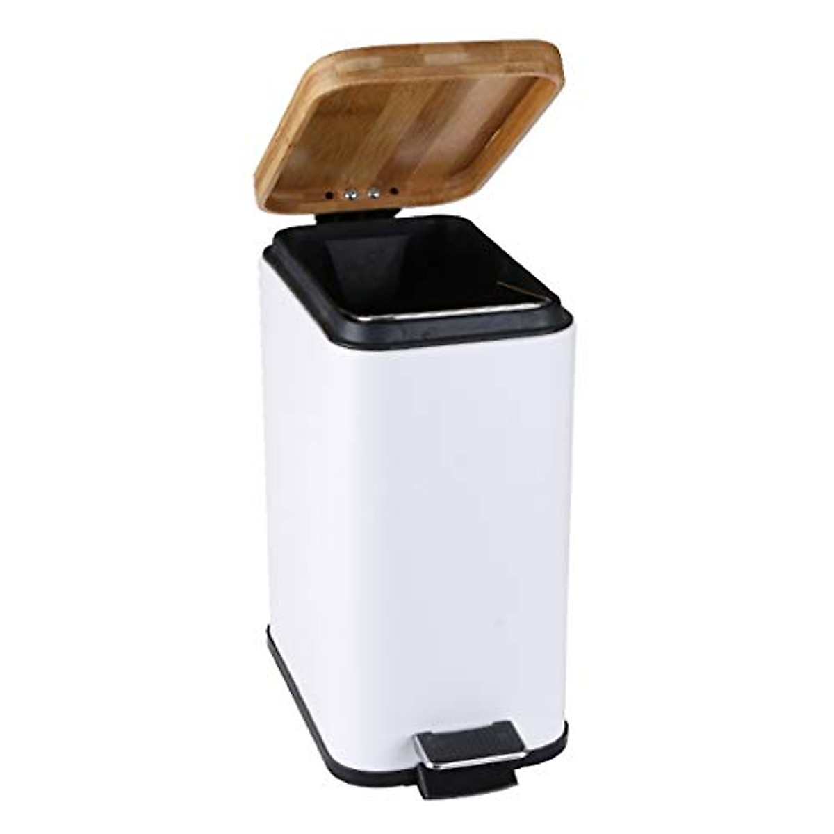 KASFDBMO Step Trash Can Garbage Rubbish Bin With Bamboo Lid Waste Container Bathroom Kitchen Office Decor, Black