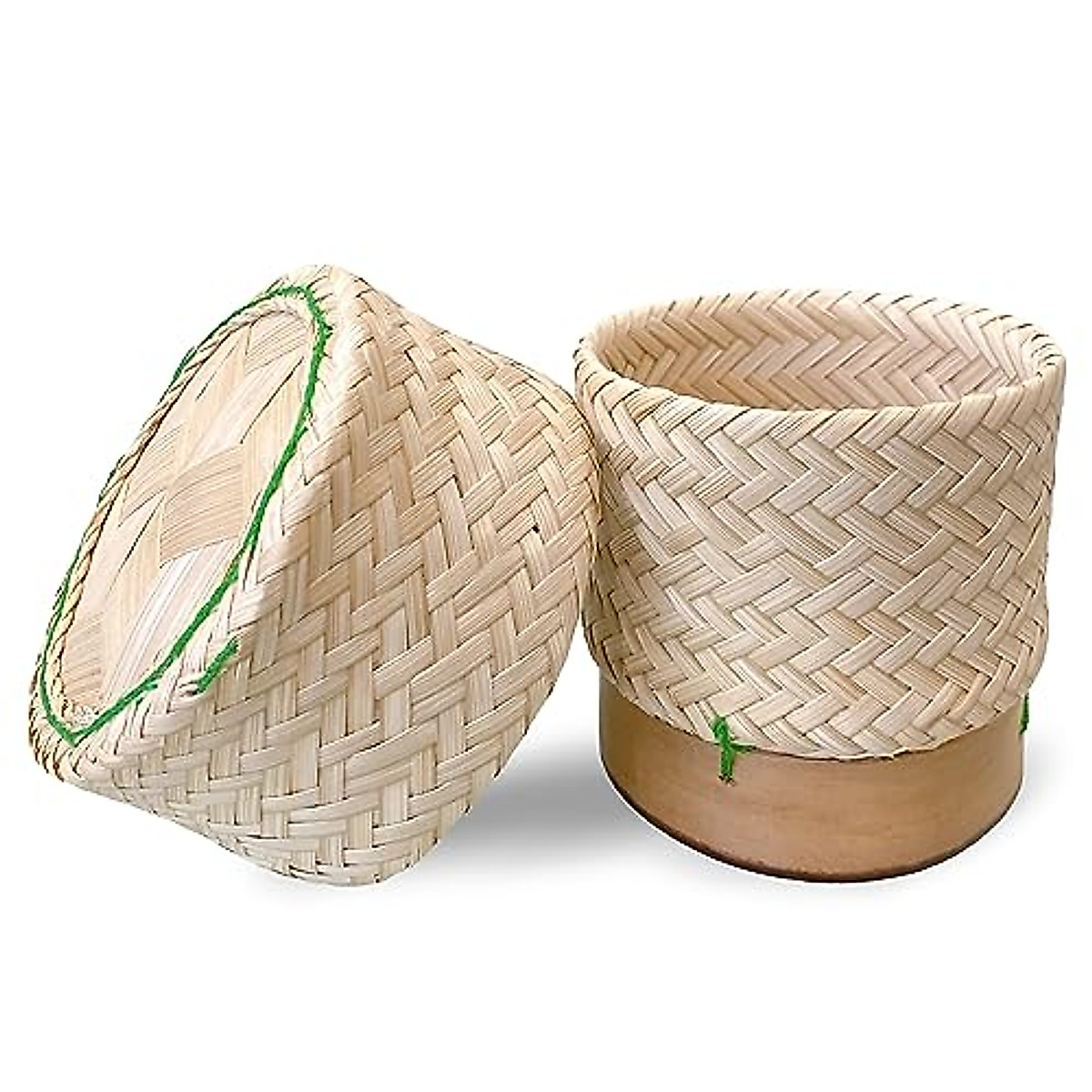 PANWA Mini Bamboo Sticky Rice Serving Basket- Handmade 100% Eco-Friendly Thai Mini Wickerwork Kratips- 4 piece set- Food Safe (Green)