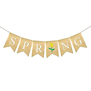 FAKTEEN Spring Burlap Banner with Flower for Mantel Fireplace Home Decor Garland Spring Themed Party Decorations Indoor Outdoor Hanging Bunting Photo Backdrop