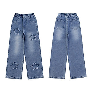 FLOWERKIDS Kids Girls Jeans Elastic Print Casual Baggy Denim Pants Straight Wide Leg Jeans Age 4-14 Years (12-13 Years, Blue - Star Print)