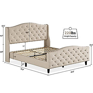 IDEALHOUSE Modern Upholstered Queen Bed Frame,Button Tufted Headboard and Footboard Design Solid Wooden Slat Support Easy Assembly,Beige (Queen)