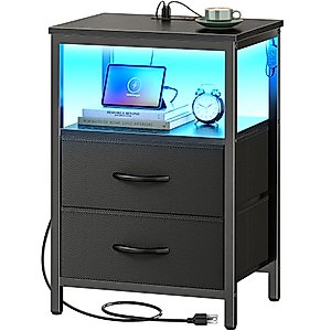 Huuger Night Stand with Charger Station and LED Lights, 2 Drawer Nightstand, Bed Side Table with Open Shelf, End Table, Fabric Dresser for Bedroom, Black