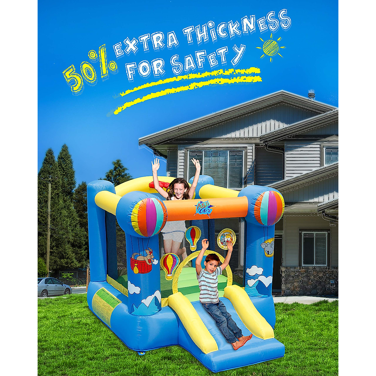 ACTION AIR Bounce House, Inflatable Hot Air Balloon Bouncer with Air Blower, Jumping Bouncy Castle with Slide for Outdoor and Indoor, Love for Kids