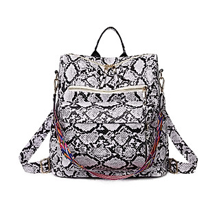 Vensivy Women's Snake Print Backpack Snakeskin Purse Handbag Shoulder Bag Casual Multipurpose Tote Travel Rucksack (White)