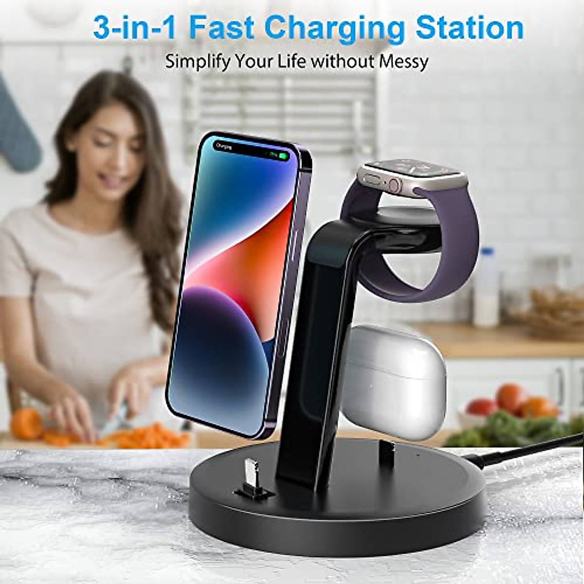 Wireless Charging Station, ORIEMAC 3 in 1 Wireless Charger for Multiple Devices Apple Watch AirPods Series, Cell Phone Wireless Charger Charging Stand Dock Pad for iPhone 14/13/12/Pro/Max/Plus