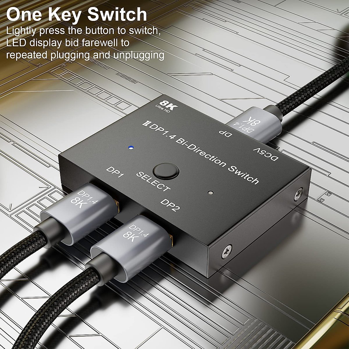 DisplayPort Switch 8K Bidirectional Splitter 2 in 1 Out/1 in 2 Out DP 1.4 Switcher Supports 8K@30Hz, 4K@120Hz, 4K@60Hz for 2 Computers 1 Monitor ConnBull®