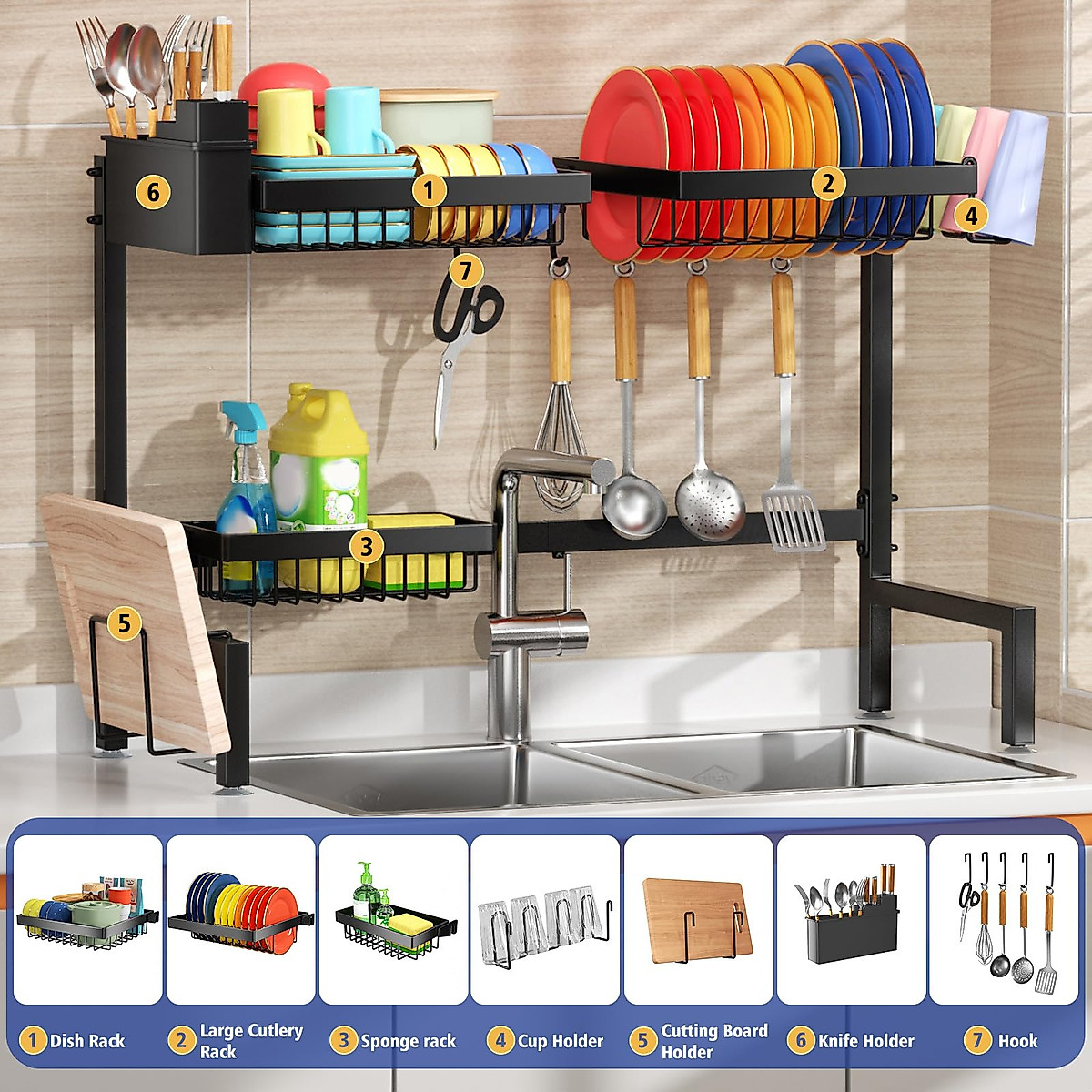 SNSLXH 2 Tiers 3 Baskets Over The Sink Dish Drying Rack, Kitchen Large Shelf, Suitable for 99% Sinks, Effective Drainage Drying, Kitchen Drainage Rack, 24.8"-35.4"