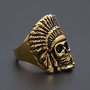 Moca Jewelry Cool Feather Dayak Indian Headdress Punk Skull 18K Gold Plated Hip Hop Stainless Steel Ring for Men Women