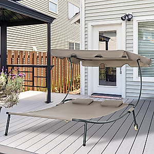 Outsunny Patio Double Chaise Lounge Chair, Outdoor Wheeled Hammock Daybed with Adjustable Canopy and Pillow for Sun Room, Garden, or Poolside, Brown