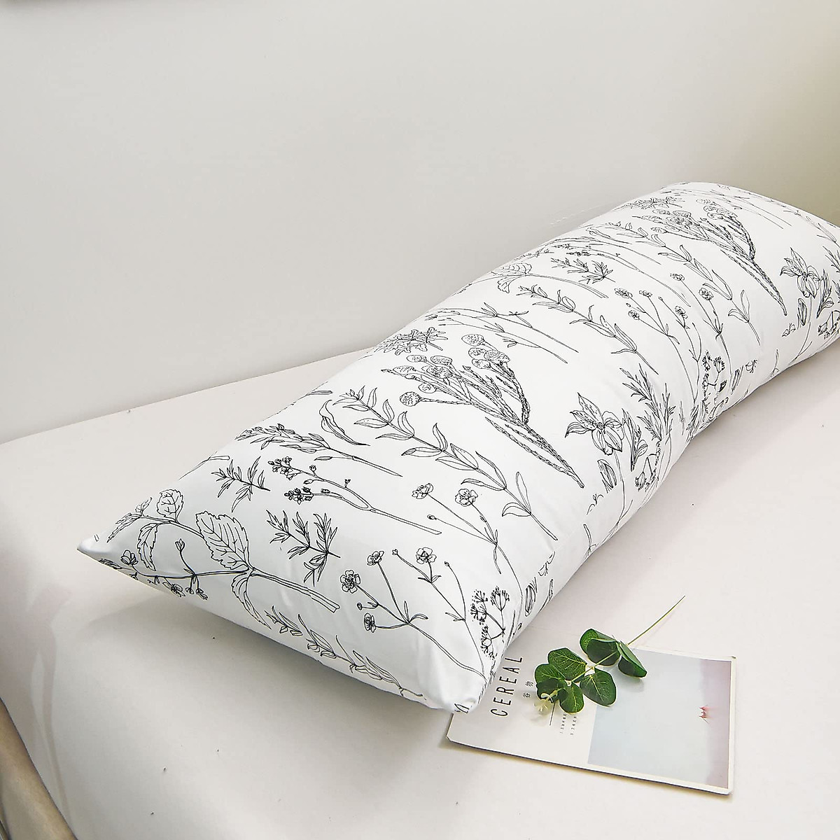 White Flowers Body Pillow Cover 20x54 inches Black Sketch Flowers Printed Country Style Decor Botanical Body Pillow Case Cover with Pocket Closure(Body,Black Flower)