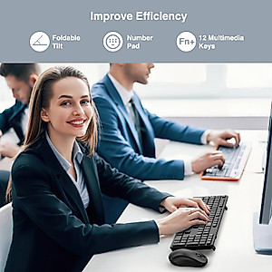 Wireless Keyboard and Mouse, WisFox 2.4GHz Full-Size Silent with Numeric Keypad, Long Battery Life, Lag-Free, Slim USB Cordless Mouse Combo (Black)