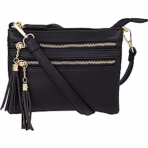 B BRENTANO Vegan Mini Multi-Zipper Crossbody Handbag Purse with Tassel Accents (Black.)