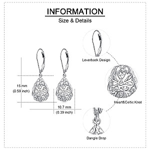 SHAOAN 925 Sterling Silver Filigree Dangle Drop Earrings Celtic Knot Leverback Teardrop Earrings for Women Jewelry for Mother’s Day