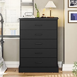 EPHEX Tall Dresser with 5 Drawers for Bedroom, Storage Tower Clothes Organizer, Black Chest of Drawers with Sturdy Pedestal, 27.6'' W x 15.8'' D x 40.2'' H