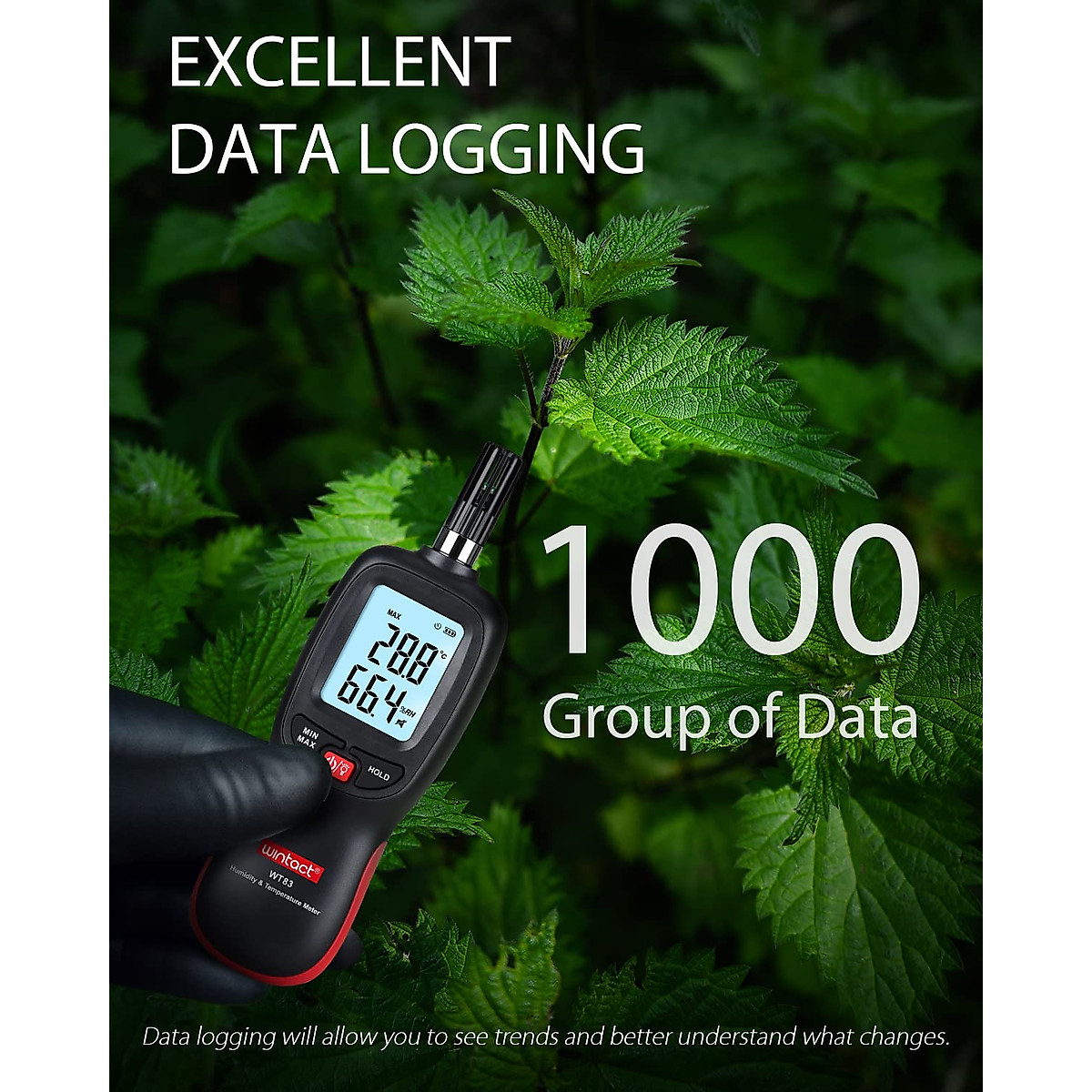 Wintact Digital Temperature and Humidity Meter, Thermometer Hygrometer Monitor with Dew Point and Wet Bulb Temperature, Backlight, Max/Min Value, Data Hold, Store 1000 Group of Data for Indoor Outdoor