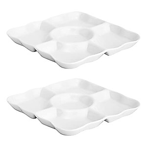 Set of 2 Porcelain Appetizer Serving Trays, 5-Compartment Reusable Divided Platters for Charcuterie Boards, Finger Foods, Fruit, Veggies, Snacks Desserts (9.5x9.5x1 in)