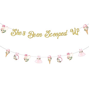 Jollyboom She's Been Scooped Up Banner, Ice Cream Bridal Shower Party Decoration Glitter Banner for Girl Women Summer Ice Cream Theme Bachelorette Bridal Shower Engagement Wedding Party