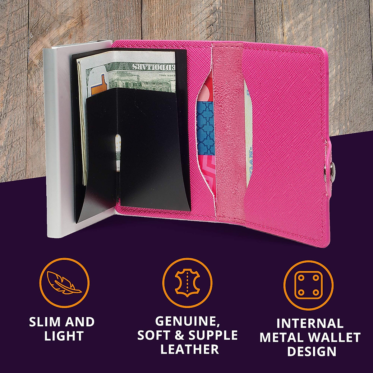 Card Blocr Womens Slim Wallet for Small Purses, Pop Up Wallet with Anti Theft RFID Blocking Credit Card Holder for Women in Pink PU Saffiano