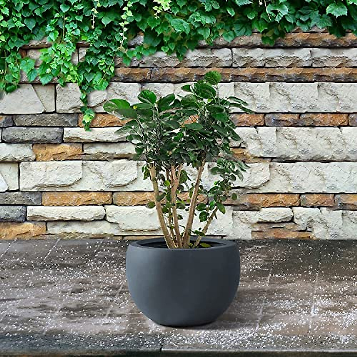 Kante 20" D Lightweight Concrete Outdoor Round Bowl Planter, Outdoor/Indoor Large Planters Pots with Drainage Hole for Garden Patio Balcony Deck Living Room, Charcoal