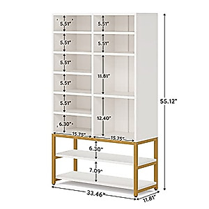 Tribesigns Shoe Storage Cabinet Freestanding Shoe Rack Organizer with 10 Adjustable Compartments, Modern 28 Pairs Wood Shoe Cabinet with Storage Shelf, for Entryway, Bedroom, White and Gold