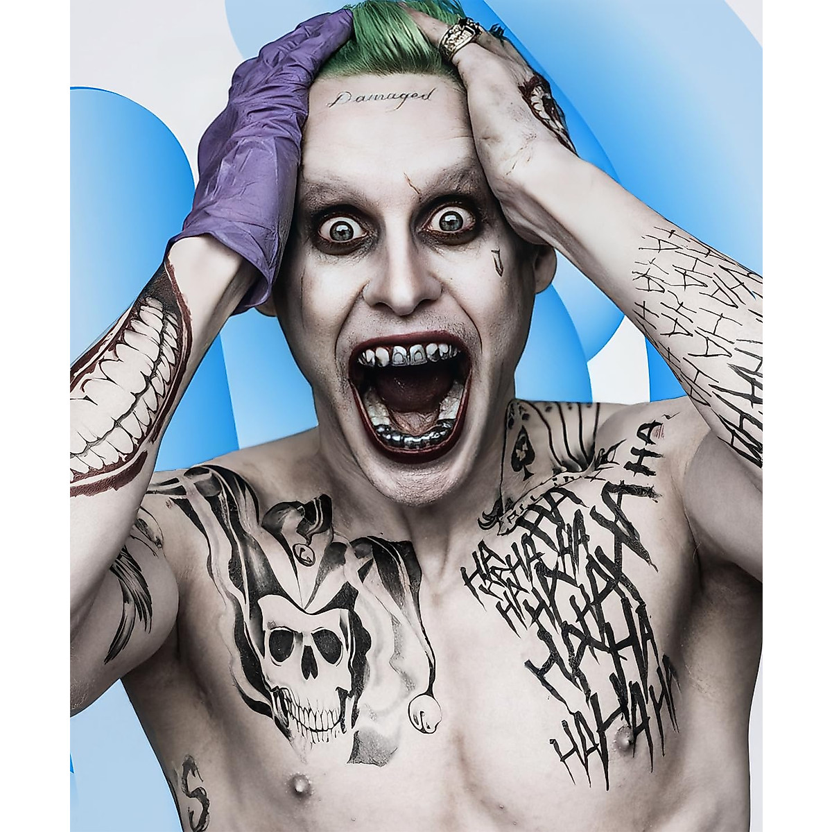 3-Pack Large Cosplay Clown Prince JOKAR & HARLI QUYNN Temporary Tattoos – 8.2 x 11.6 Inch Fake Tattoos for Cosplay, Halloween, and Parties