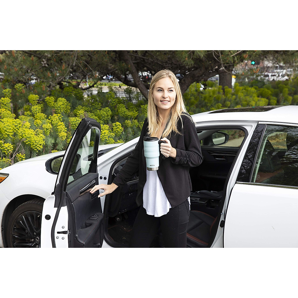 MIRA 20 Oz Stainless Steel Insulated Travel Car Mug - Spill Proof Twist On Flip Lid & Easy to Hold Handle - Double Wall Vacuum Insulated Coffee & Tea Mug Keeps Hot or Cold - Metallic Gray