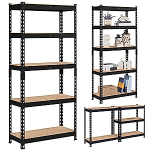 Topeakmart 5-Tier Utility Shelves, Metal Storage Shelves Garage Shelving Unit Adjustable Garage Storage Shelves Storage Racks Heavy Duty Shed Shelving- Black, 27.4 x 11.6 x 60 Inch