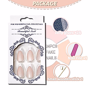 YOSOMK French Tip Press on Nails Almond Medium Fake Nails with Chrome Designs Glossy Nude False Nails Mirror Glue on Acrylic Nails for Women