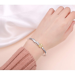 S925 Sterling Silver Sunflower with CZ Engraved You Are My Sunshine Bangle for Women 18" (Bangle)