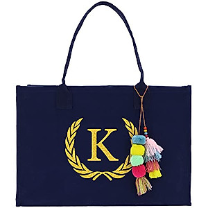VANESSA ROSELLA Personalized Gift Monogram Initial 100% Cotton Chic Tote Bag for Women - Navy (K)