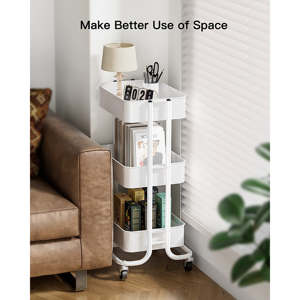 Pipishell 3 Tier Metal Rolling Utility Cart, Heavy-Duty Storage Rolling Cart with 2 Lockable Wheels, Multifunctional Mesh Organization Utility Cart for Kitchen Dining Room Living Room (White)