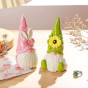 PUDDING CABIN Pink Bunny Gnome Figurine Ring Holder Ring Stand Ring Display Rings Organizer, Cute Gnome Decor for KitchenBathroom Bedroom Beside, Gnome Gifts for Women Girls Birthday, Easter Decor