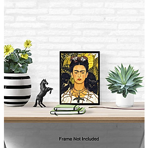 Poster - 8x10 Mexican Art Wall Decor Picture Print for Bedroom, Living Room, Home, Apartment - Gift for Women, Woman Artist - Monkey, Cat, Hummingbird Self-Portrait Painting - Unframed