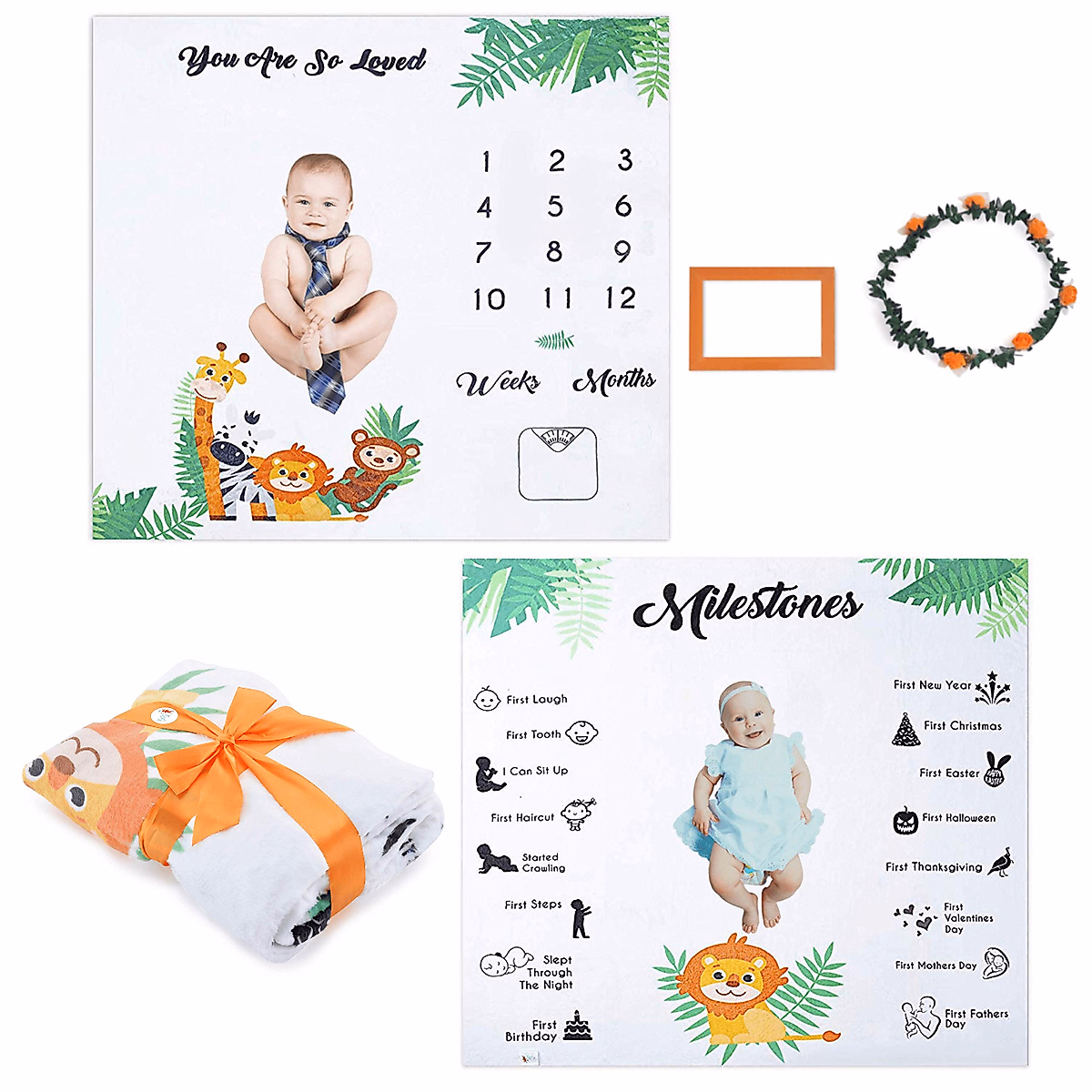 Monthly Baby Milestone Blanket - Double Sided Soft & Smooth Fleece | Baby Milestone Blanket Boys & Girls | Baby Photo Props with Frame & Leaf Wreath |