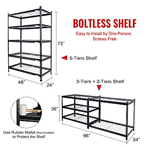 WORKPRO 5-Tier Metal Storage Shelving Unit, 48”W x 24”D x 72”H, Adjustable Storage Rack Heavy Duty Shelf, 4000 lbs Load Capacity (Total), for Garage, Kitchen, Bathroom, Warehouse, Black/Sliver, 2 Pack
