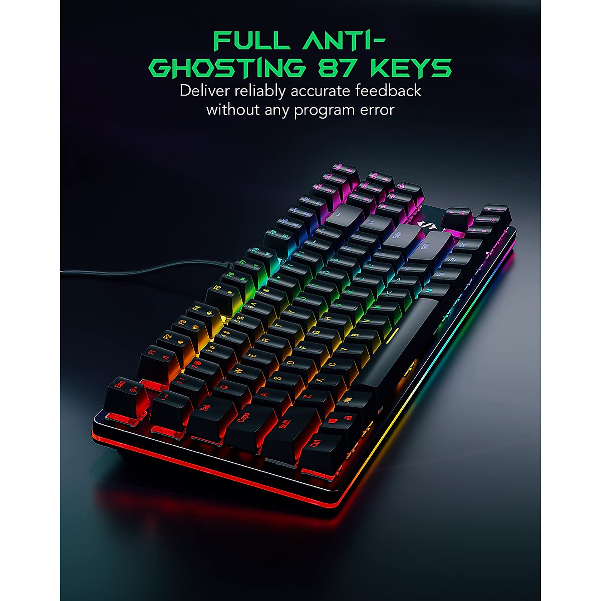 Black Shark RGB Mechanical Gaming Keyboard LED Backlit Wired Keyboard with Blue Switches, Fully Programmable, Anti-Ghosting 87 Keys for PC Laptop, Sixgill K1