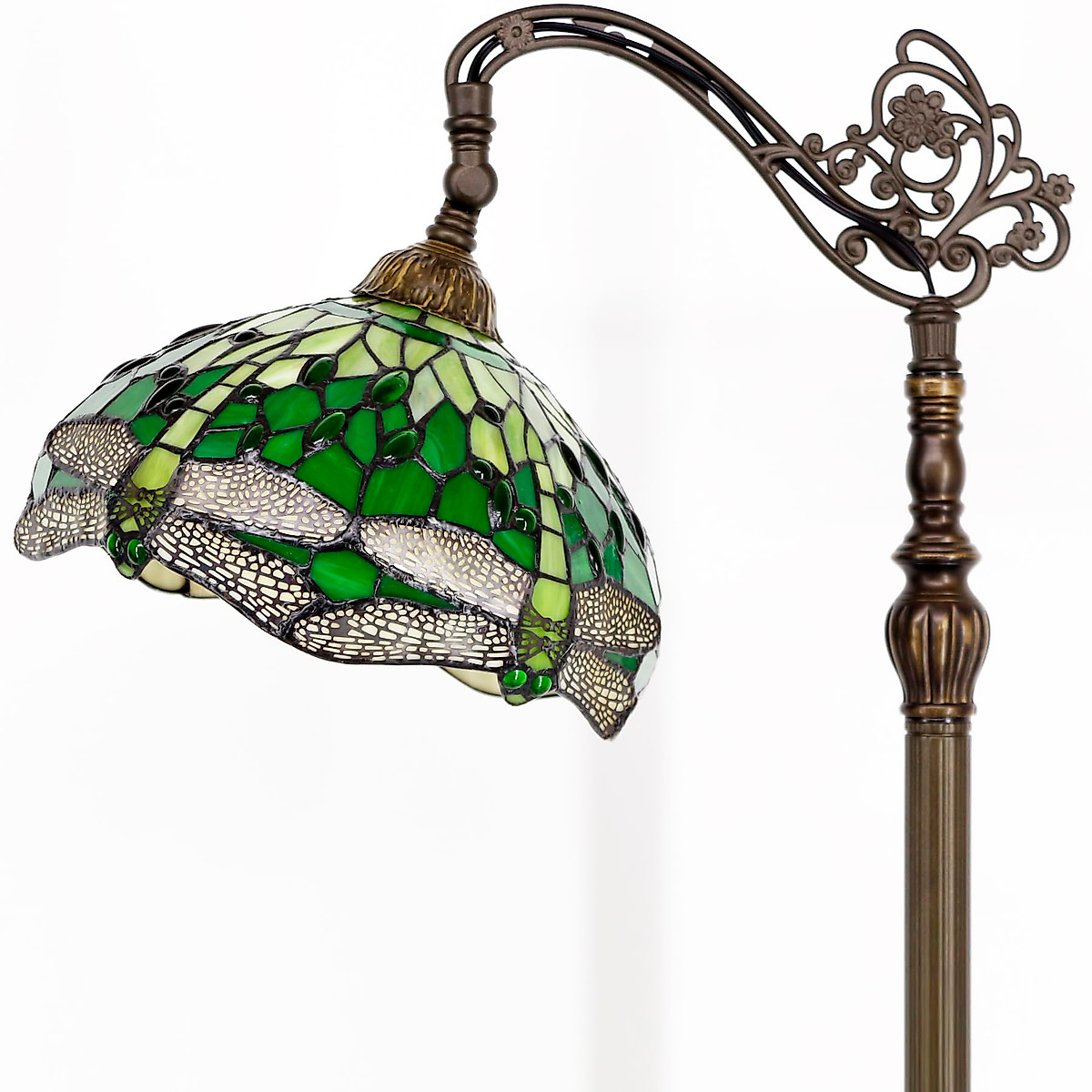 WERFACTORY Tiffany Floor Lamp Green Stained Glass Dragonfly Arched Lamp 12X18X64 Inches Gooseneck Adjustable Corner Standing Reading Light Decor Bedroom Living Room S459 Series