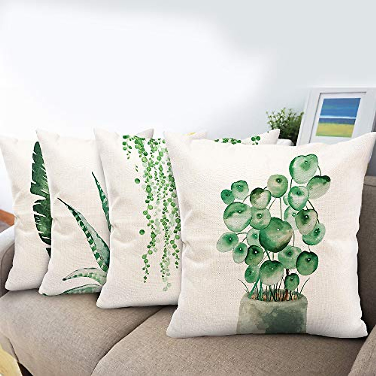Hexagram Decorative Green Plant Pillow Covers 18x18, Succulent Green Leaf Summer Throw Pillow Covers Set of 4 for Living Room Couch Sofa Patio Outdoor Indoor Summer Cactus Green Home Decor