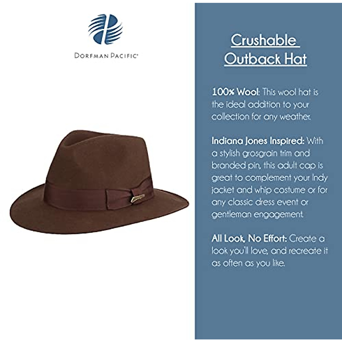 Indiana Jones Men's Wool Felt Fedora, Brown, Large